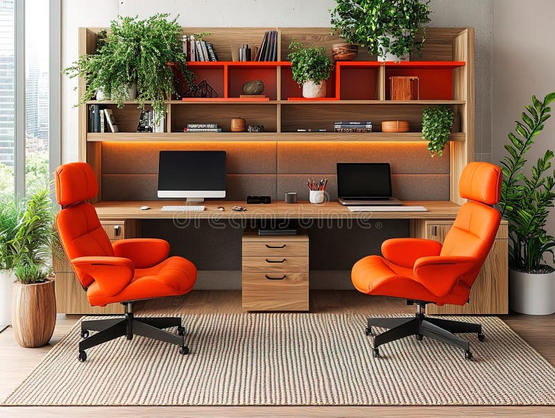 The Image Shows an Organized Office Space with Two Ergonomic Orange ...