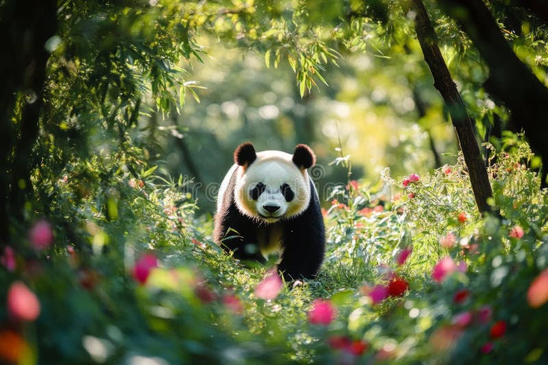 A Playful Panda Walks through a Vibrant Forest Filled with Colorful ...