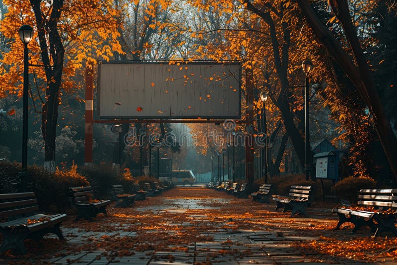 Autumnal Park Path with Empty Benches and Billboard Stock Photo - Image ...