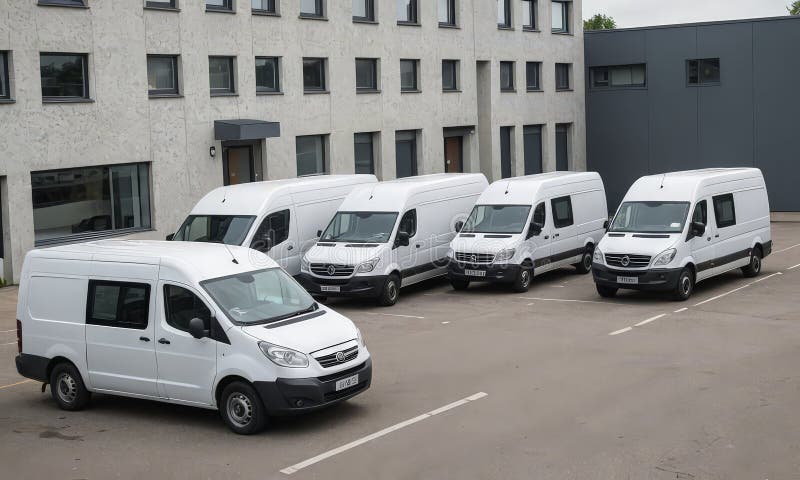 Row White Vans Parked in Front Gray Building with Large Windows. Stock ...