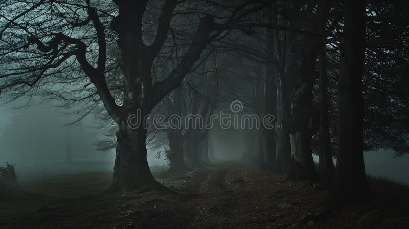 A Fog-shrouded Forest Path Lined with Dark, Twisted Trees, Creating a ...