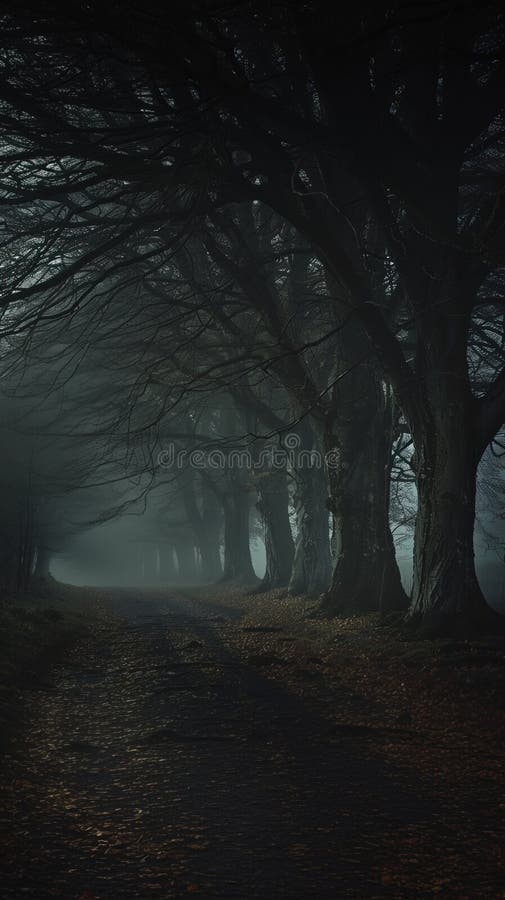 A Fog-shrouded Forest Path Lined with Dark, Twisted Trees, Creating a ...