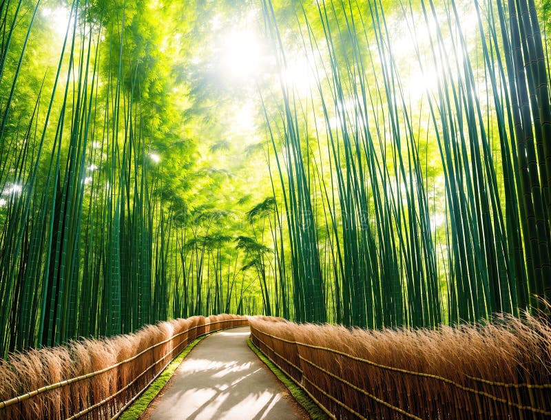 A Path through a Bamboo Forest, with the Sun Shining through the Trees ...