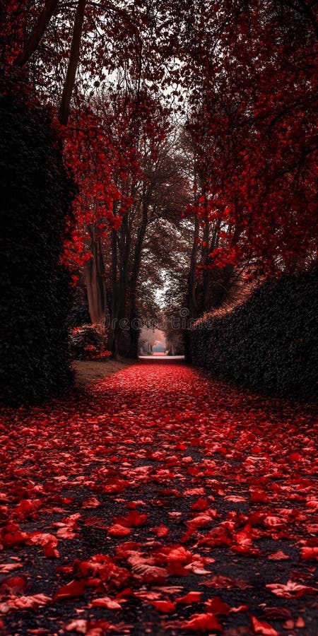 Serene Autumn Pathway Surrounded by Red Leaves Stock Illustration ...