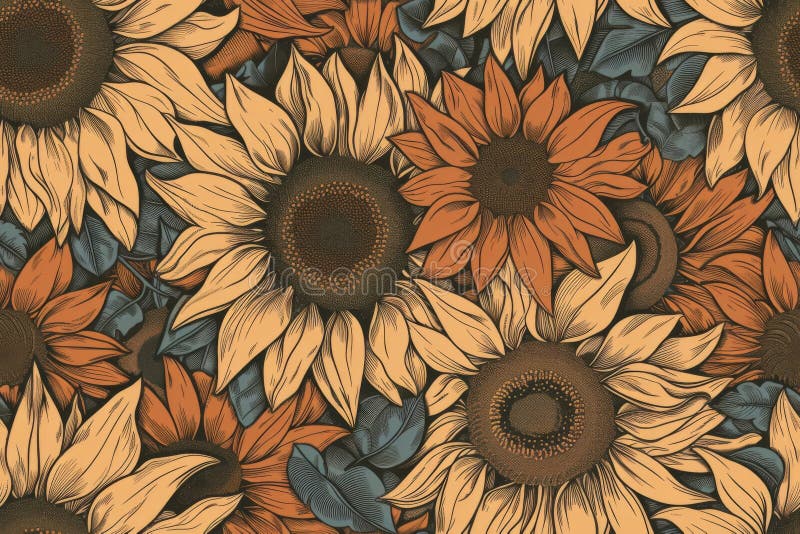 The Image Shows a Pattern of Sunflowers in a Retro Style. the ...
