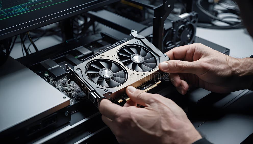 Installing a Graphics Card stock image. Image of hands - 385313083