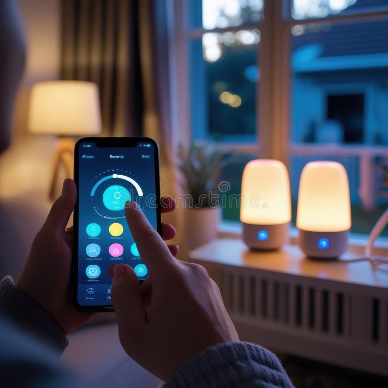 Smart Home Lighting Control with Mobile App Stock Illustration ...