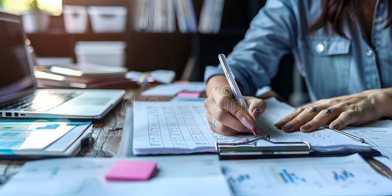 Person Working on Business Report with Laptop and Documents ...