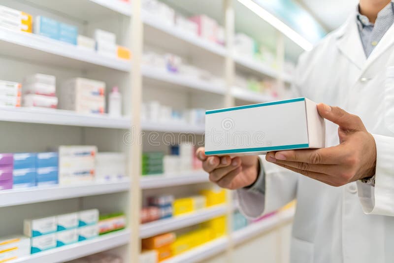 Pharmacist Holding Medication Box in Pharmacy - Healthcare and Medicine ...