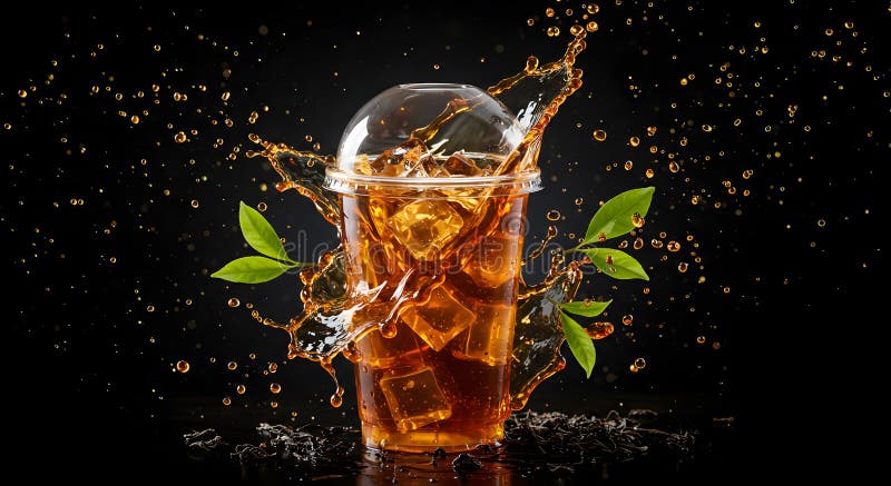 Iced Tea Splash with Tea Leaves on Black Stock Illustration ...