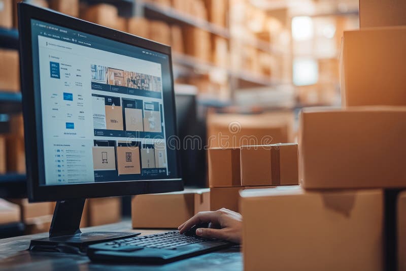 A Person Manages Inventory on a Computer in a Bright Warehouse. There ...