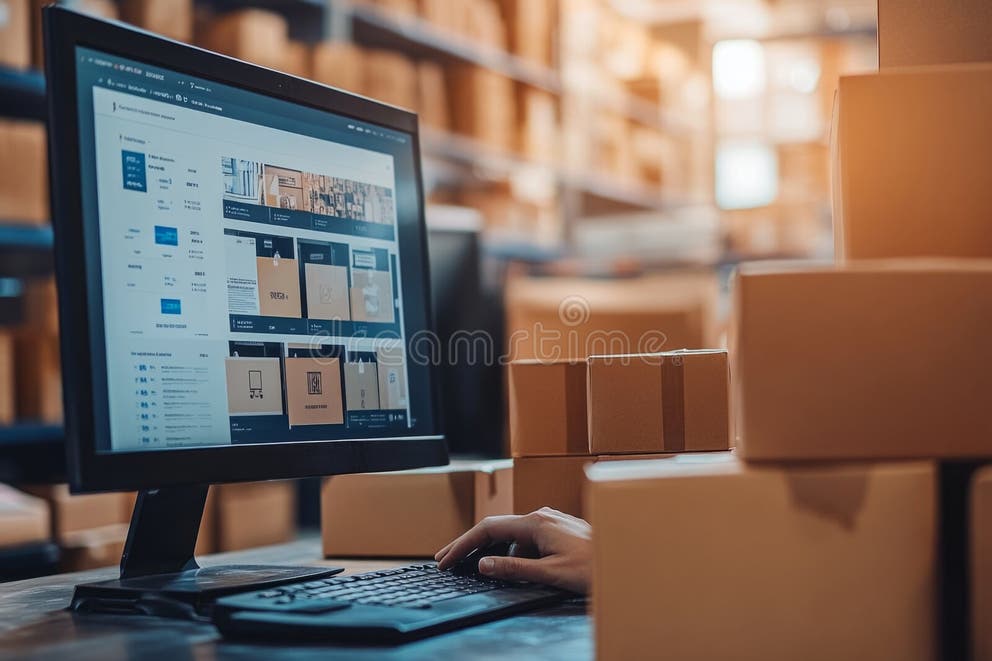 A Person Manages Inventory on a Computer in a Bright Warehouse. There ...