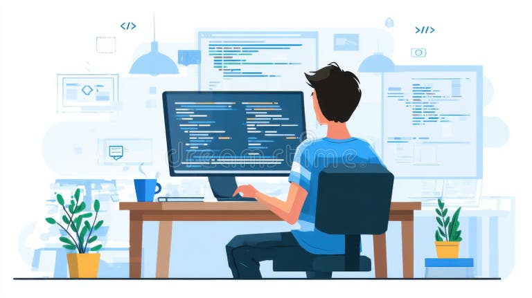 Programmer Coding at Desk Alone Stock Illustration - Illustration of ...
