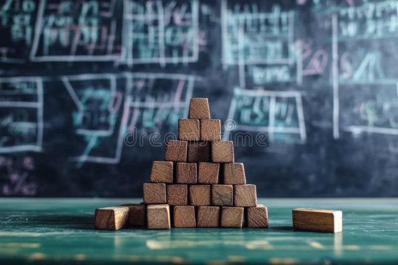 A Pyramid Made of Wooden Blocks Stands on a Table. Behind is a ...
