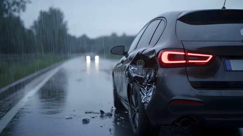 Detailed Rear View of Damaged Car in Rain with Visible Dents after ...