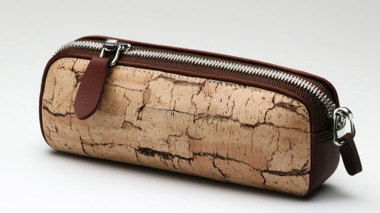 A Brown Leather Pencil Case with a Cork Texture and Silver Zipper ...