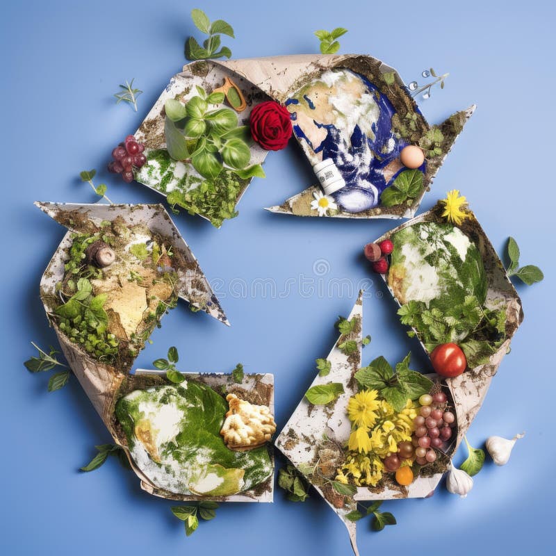Earth-Shaped Recycling Symbol Made of Natural Elements on a Blue ...