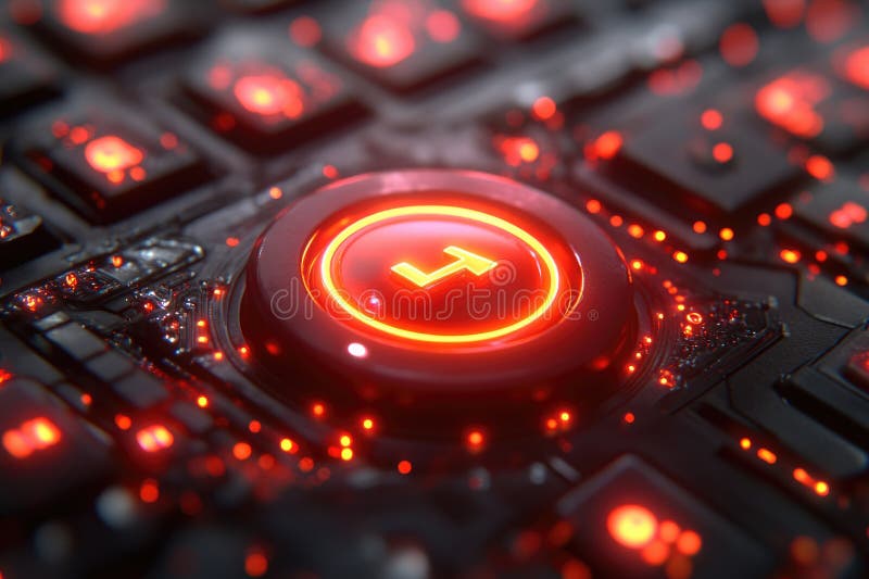 Glowing Red Button with Number 4 on Futuristic Tech Circuit Board Stock ...
