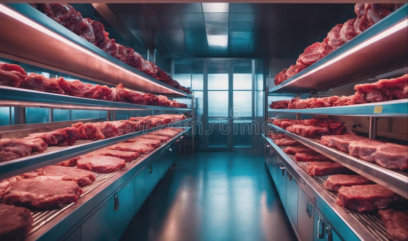 Rows of Fresh Meat are Displayed on Shelves in a Refrigerated Storage ...