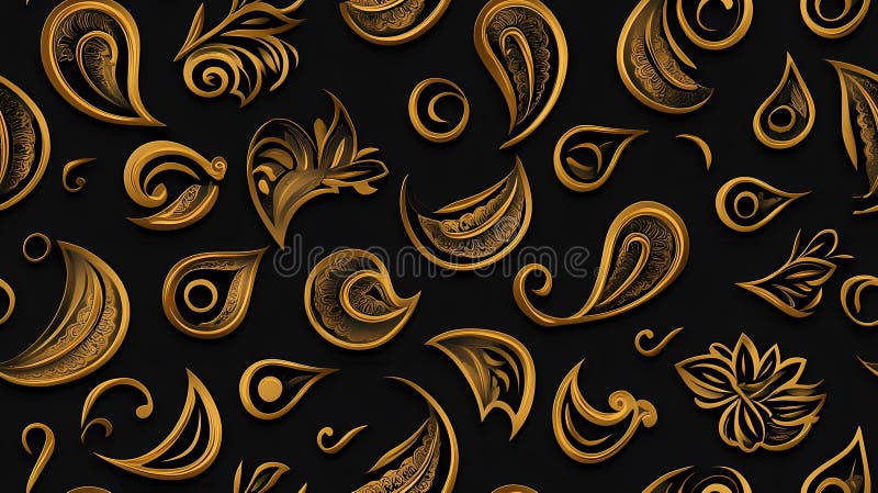 The Image Shows a Repeating Pattern of Gold Paisley and Floral Designs ...