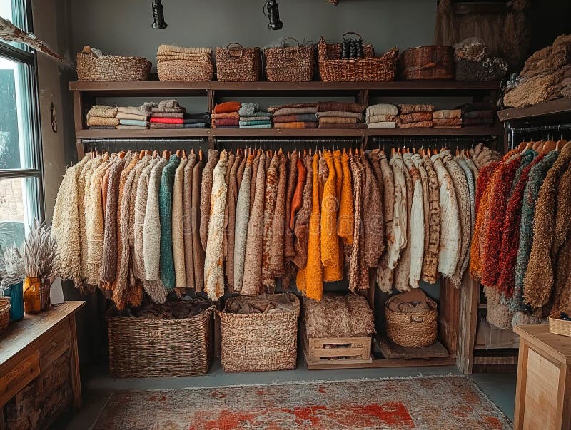 Image Shows a Retail Display Room with Jackets, Sweaters, and Baskets ...