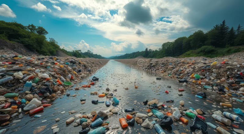 The Image Shows a River Heavily Polluted with Plastic Waste ...