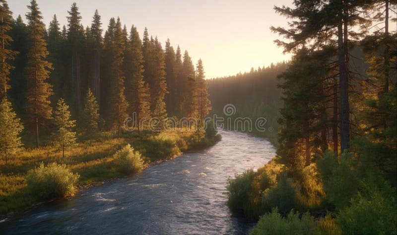 A Winding River Flows through a Dense Forest at Sunset Stock Photo ...