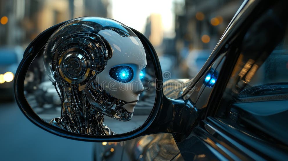 This Image Shows a Robot Reflected in a Car S Side Mirror, Symbolizing ...