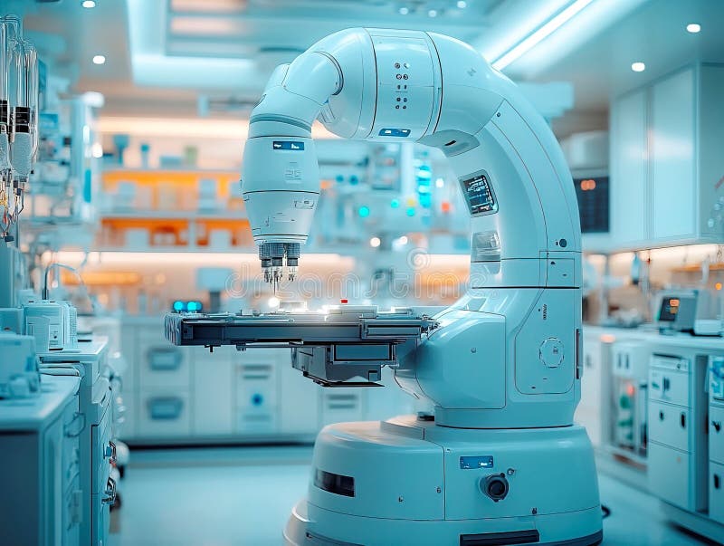 Image Shows a Robotic Arm in a High-tech, Sterile Laboratory Setting ...