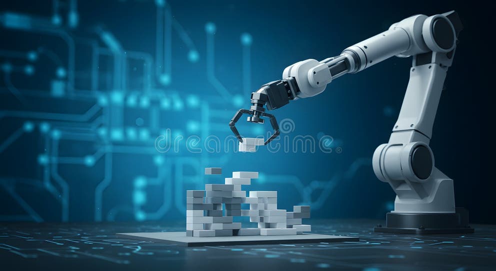 Robotic Arm Assembling Blocks on a Digital Surface Stock Illustration ...