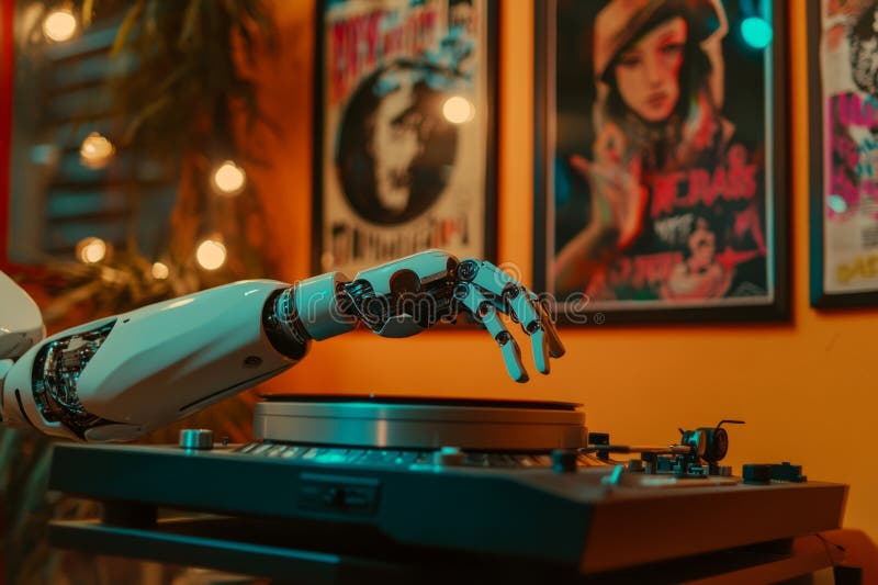 A Robotic Hand is Touching a Vinyl Record. the Warm Lighting and ...