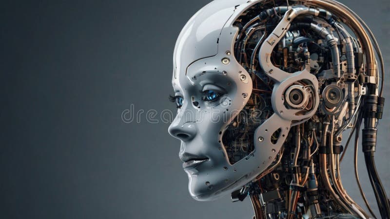 The Image Shows a Robotic Head with Human Features. the Left Side of ...