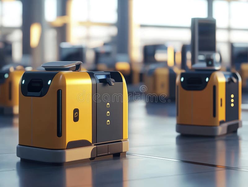 Image Shows a Room with Multiple Yellow Robots Equipped for Carrying ...