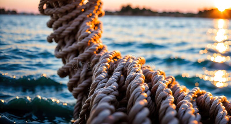 A Rope Tied To a Wooden Post on the Shore of a Body of Water. Stock ...