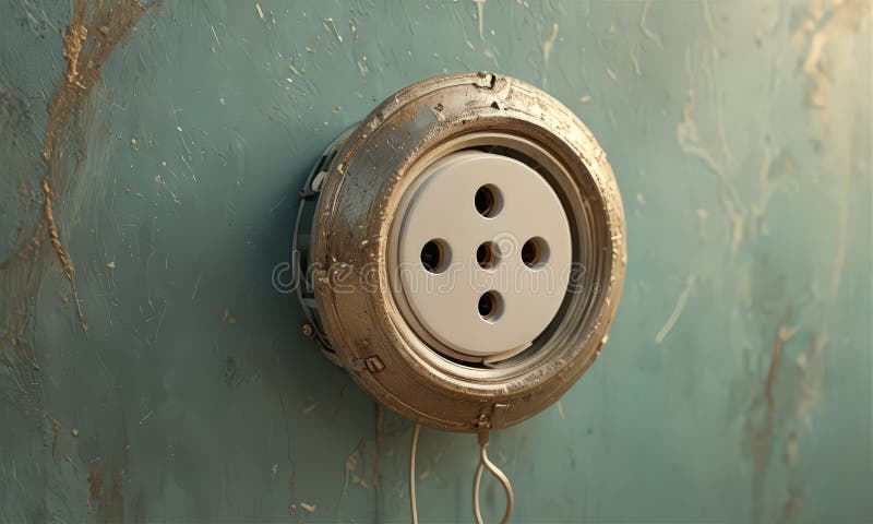 Round, Silver-colored Electrical Socket with Six Holes is Mounted on ...