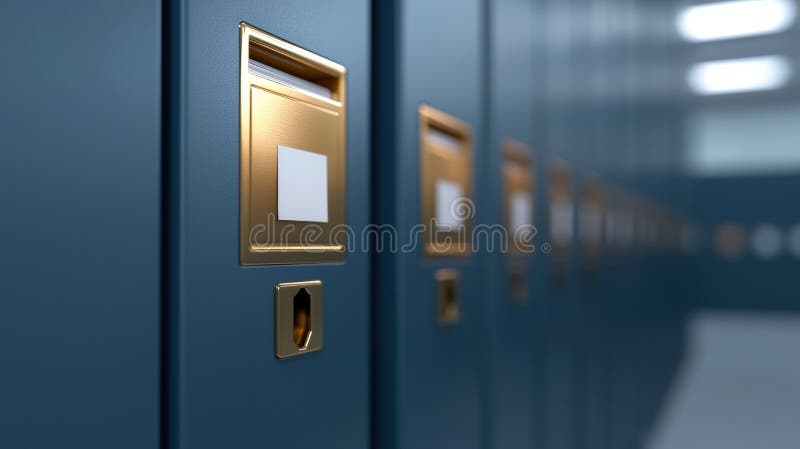A Row of Blue Lockers with Gold Handles and a Blank Card Slot. Stock ...