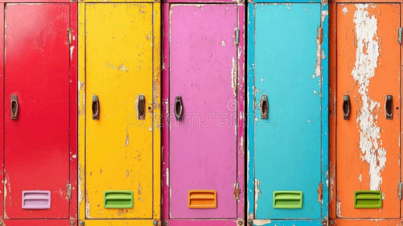 A Row of Old, Weathered School Lockers in Various Colors. Stock Photo ...