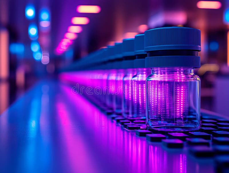 Image Shows a Row of Illuminated Purple Test Tubes Filled with Clear ...