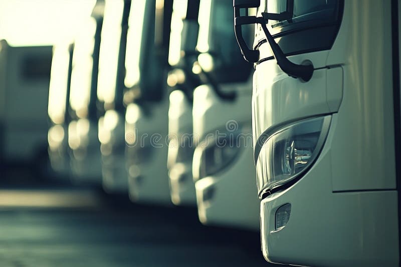 A Row of White Buses Lined Up in a Parking Lot with Sunlight ...