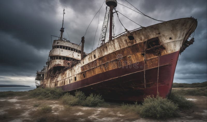 A Rusted Shipwreck Sits on the Shore of a Beach on a Cloudy Day Stock ...