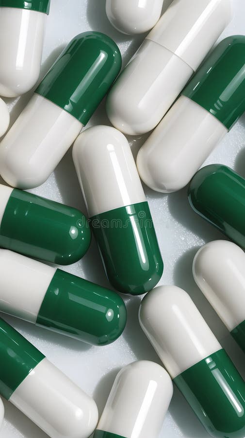 Scattered Green and White Pharmaceutical Capsules on a Clean Surface ...