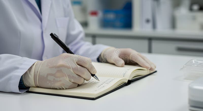 Scientist Recording Data in Lab Notebook with Gloves Stock Illustration ...