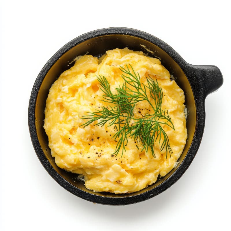 The Image Shows Scrambled Eggs on a Plate, Captured from Directly Above ...