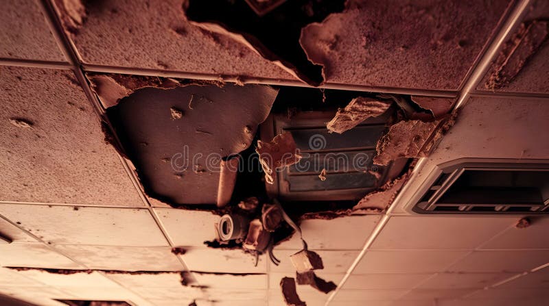 Damaged Ceiling - Ruined Office Interior, Structural Damage Stock ...