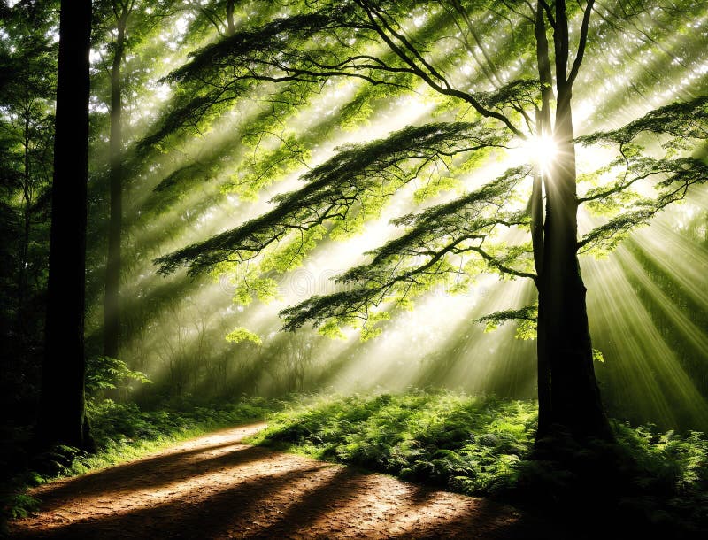A Path through a Forest with Sunlight Shining through the Trees. Stock ...