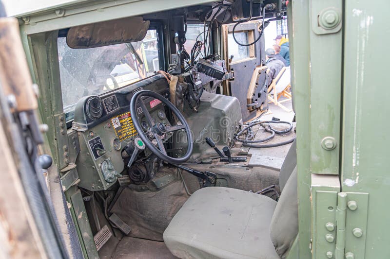 Image Shows Side View of a Worn, Utilitarian Military Vehicle Interior ...