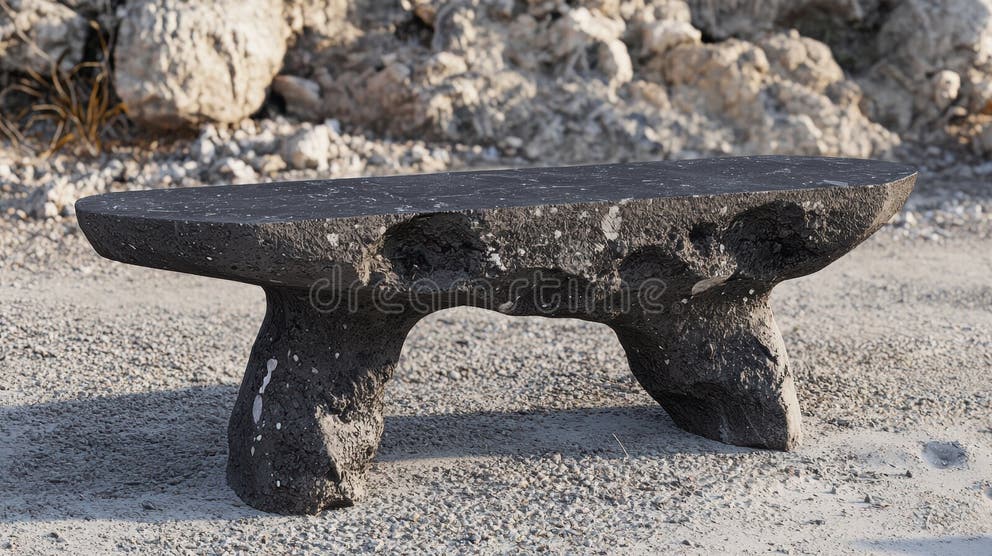 A Black Stone Bench with a Curved Backrest and Two Legs Sits on a Rocky ...