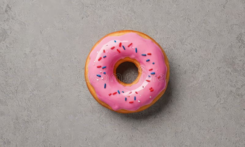 Pink Glazed Donut with Rainbow Sprinkles is Centered on Gray Background ...
