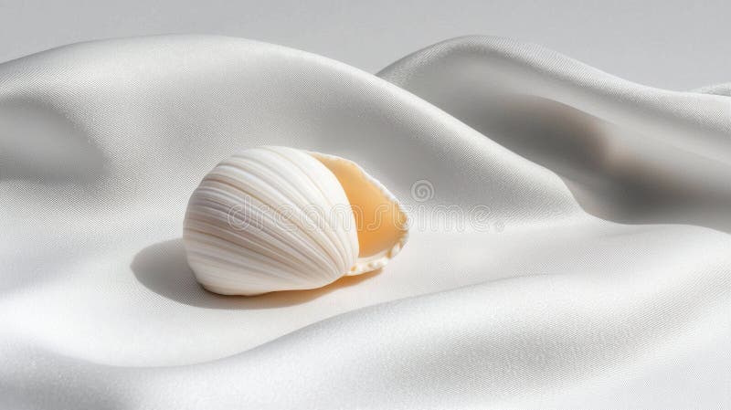 A White Seashell with a Light Orange Interior Rests on a White Fabric ...