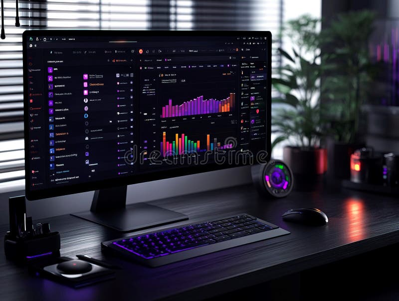 Image Shows a Sleek, High-end Computer Desk Setup with a Curved Monitor ...